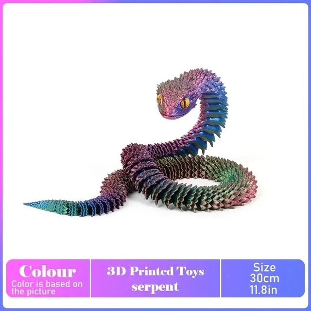 3D PRINTED SNAKE Purple Realistic Serpent Model Jointed Sleek Rotatable ...