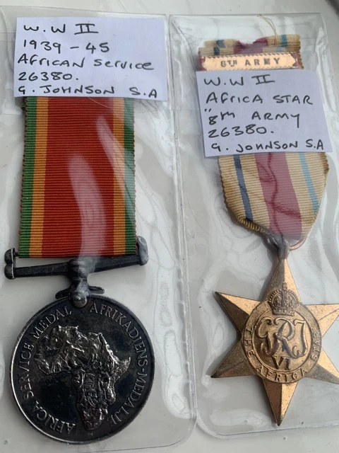 WW2 SOUTH AFRICAN SERVICE MEDAL + AFRICA STAR 8th ARMY BAR G. JOHNSONE ...