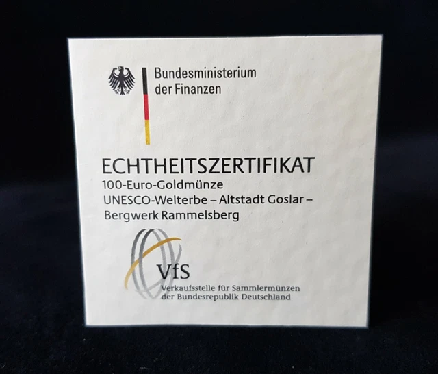 ORIGINAL ZERTIFIKAT FÜR 100 Euro Goldmünze Altstadt Goslar-Bergwerk Rammelsberg £6.92 - PicClick UK