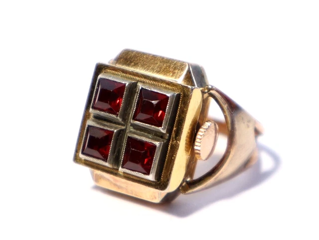 VINTAGE REYNOLDS SWISS 800 Silver Finger Watch Ring 4 Garnets UK Size O ...