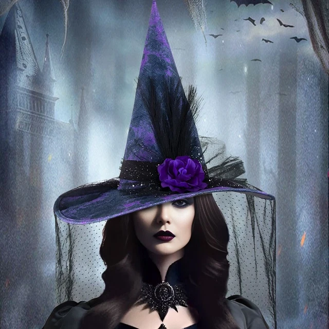 PURPLE MESH VEIL Wizard Cap Flower Scarecrow Patch Witch Hat Adult $16. ...