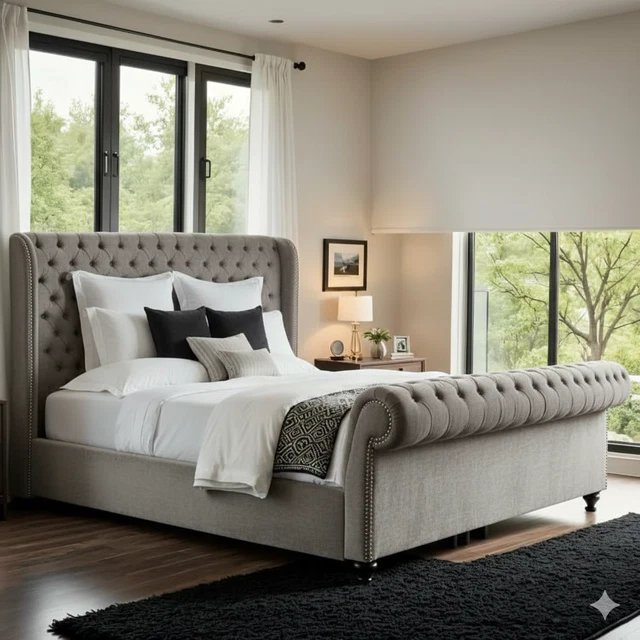 CHESTERFIELD ROYAL SLEIGH Bed Frame, Plush Velvet Upholstery Gaslift ...