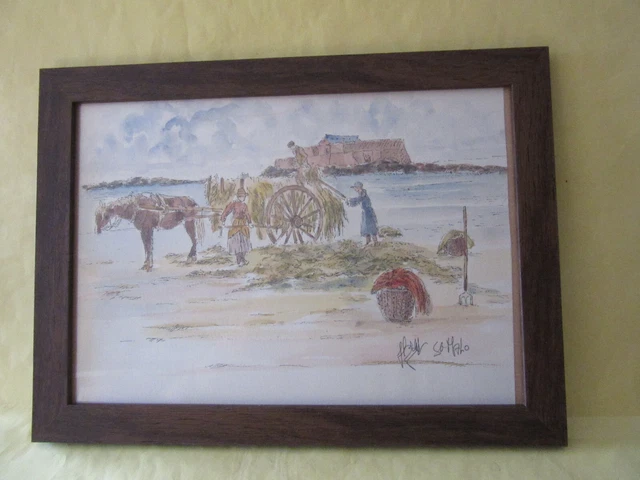 TABLEAU AQUARELLE Les Goemoniers A St Malo Fort National Signature A Decripter EUR 38,00 ...