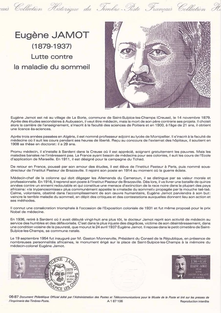 DOCUMENT PHILATÉLIQUE 1ER jour 06- 1987 Eugène Jamot La Maladie du ...