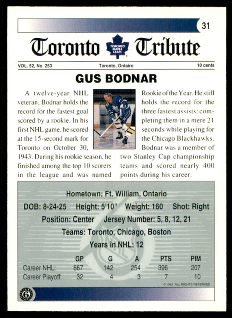 1991-92 ULTIMATE ORIGINAL 6 Gus Bodnar #31 $1.35 - PicClick CA