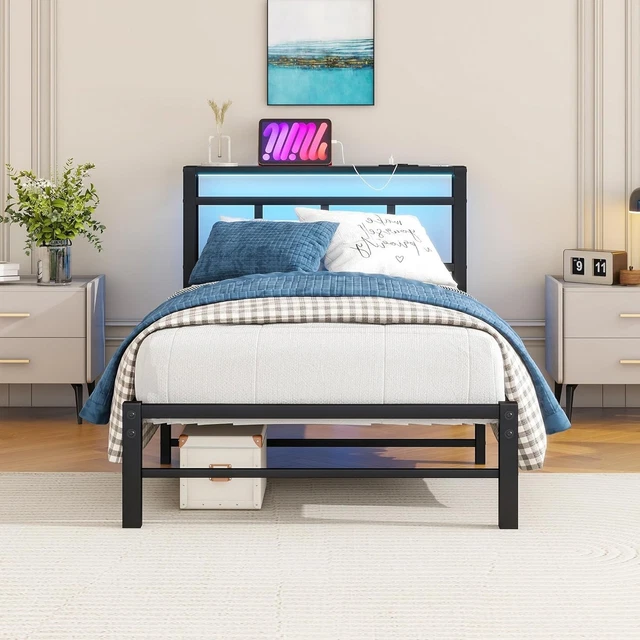3FT SINGLE BED Frame with Storage Headboard&Led Lights,Heavy Duty Metal ...