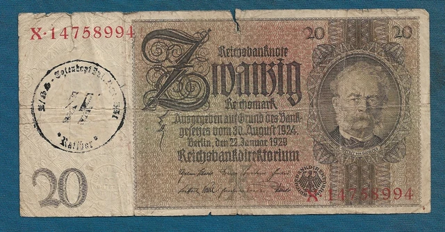 20 MARK 1929. WW2 German Germany banknotes, war stamp ! EUR 16,78 ...