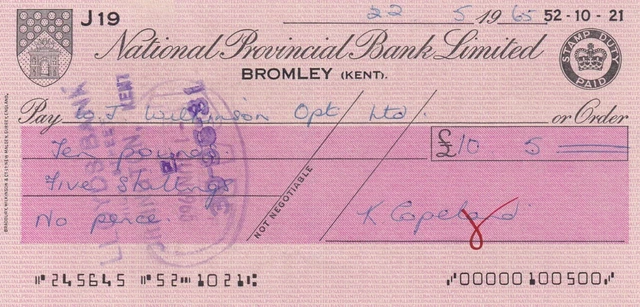 NATIONAL PROVINCIAL BANK CHEQUE 1965 £0.99 - PicClick UK