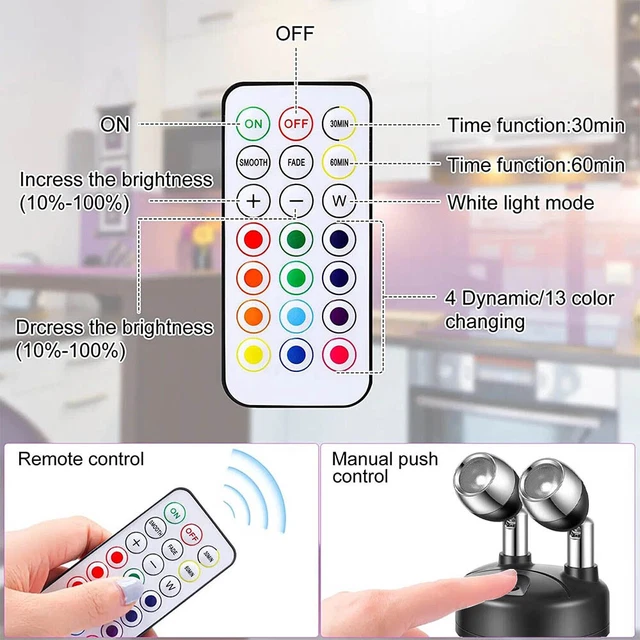 2X WIRELESS SPOTLIGHT RGB Colour Changing 2 Head-LED-Puck-Lights Remote ...