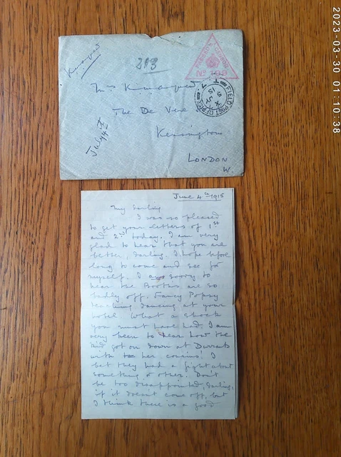 WW1 LETTER JULY 4th 1915 Capt Agnew RFA hoping it is his turn for leave ...