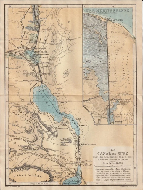 Égypte Suezkanal Suez Canal Carte De 1908 Ancien Map Eur 1065