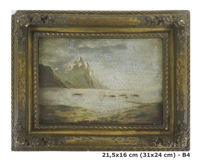 TABLEAU ANCIENNE PAYSAGE Lac Alpin Peinture Huile sur Toile Avec Cadre ...