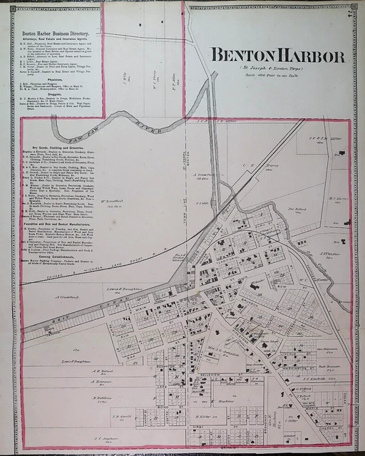 OLD AUTHENTIC 1874 Plat Map ~ BENTON HARBOR Twp., BERRIEN Co., MICHIGAN ...