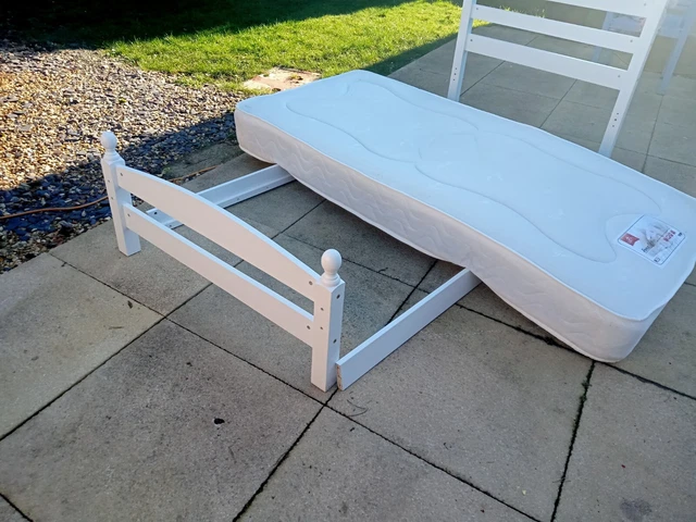 NEARLY NEW WHITE single wood bed with mattress from Simply Beds £104.72 ...
