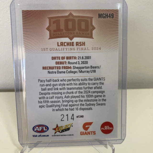 2025 SELECT AFL Hobby Footy Stars Milestone Games Lachie Ash 214/240 ...