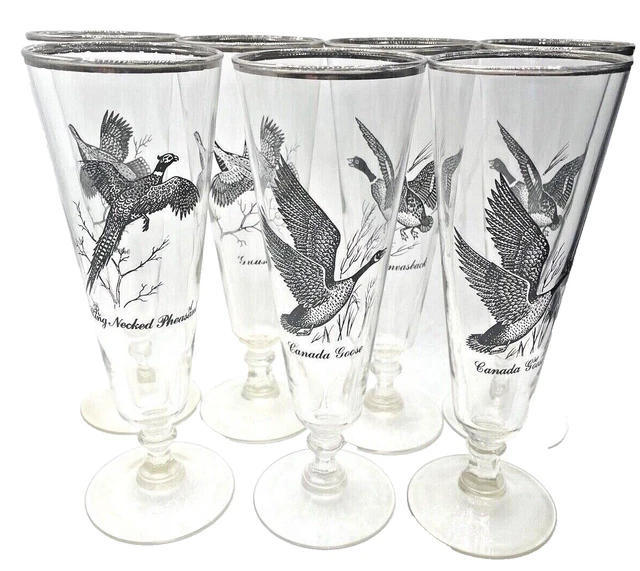 7 BEER WATER WILD GAME BIRD FOOTED STEM GLASSES Goose Canvasback Grouse ...