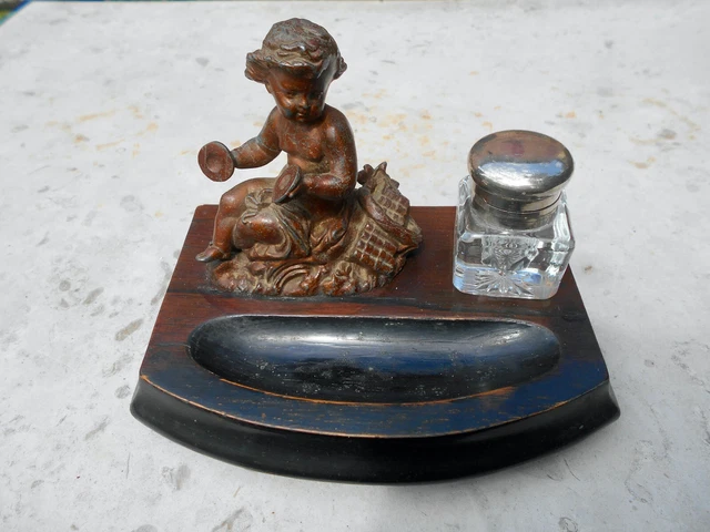 ANCIEN ENCRIER BUREAU statue enfant angelot putti ange regule bois ...