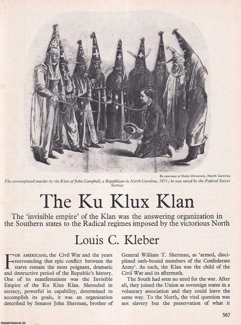 THE KU KLUX Klan. An Original Article From History Today Magazine, 1971. 1971 £13.99 - PicClick UK