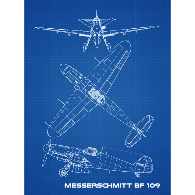 MESSERSCHMITT BF 109 German Fighter Plane Blueprint Wall Art Canvas ...