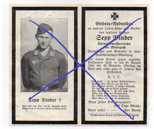 VINTAGE WW2 GERMAN Death Card-Sepp Binder Fallschirmjager- 30Aug42 El ...