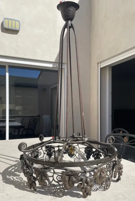 GRAND LUSTRE ART Deco En Fer Forge Martele Signe Edgar Brandt Lampe No ...