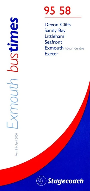 STAGECOACH DEVON ROUTE 95/58 Bus Timetable Leaflet - dated 8th April ...