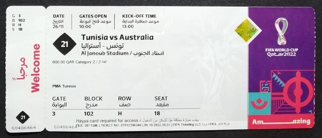 ORIGINAL TICKET FIFA World Cup Qatar 2022 Tunisia - Australia # Match ...