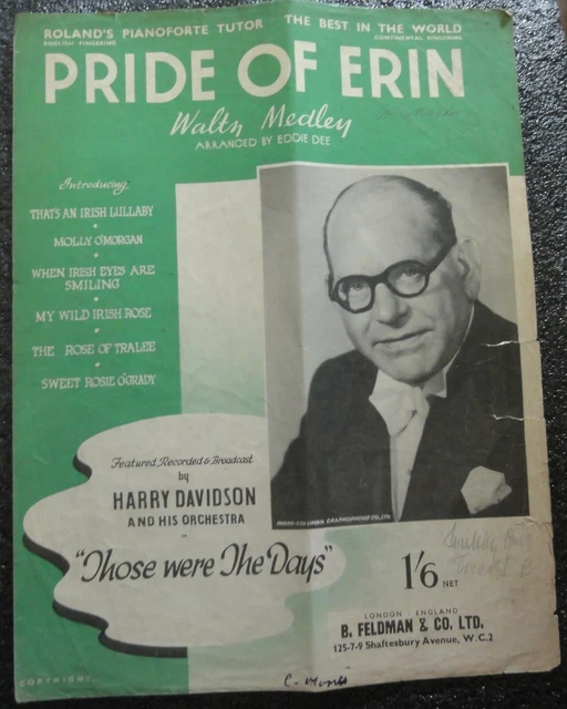 VINTAGE SHEET PIANO music 1930's) Pride of Erin. Harry Davidson Those ...
