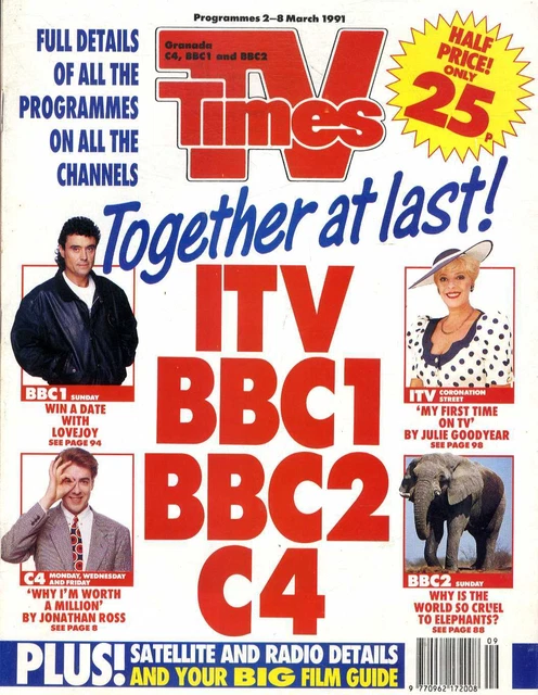 TVTIMES MAGAZINE 8/3/91 Jonathan Ross. Kim Hartman. Glenda Mckay. Ian ...