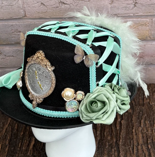 UNIQUE BLACK MINT Green Steampunk Top Hat Roses feathers Corset 57cm ...