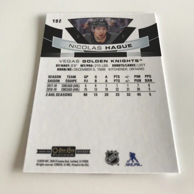 CARTA NHL, NICOLAS Hague, Marquee Rookies, OPC Platino 2019-20, Las ...