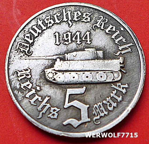 ** ADOLF HITLER 5 REICHSMARK 1944 TANK TIGER 24mm GERMAN COIN THIRD ...