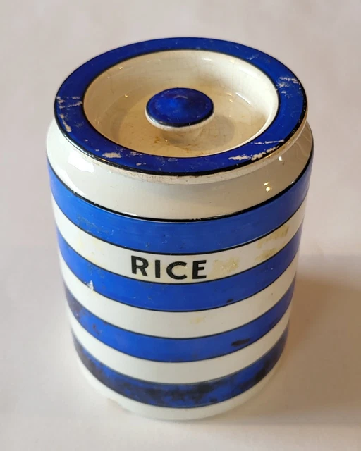 RARE VINTAGE EARLY T.G. Green? black outline Cornishware 5" Rice jar ...