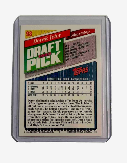 CARTA DEREK JETER 1993 Topps 1992 Draft Pick RC #98 New York Yankees ...