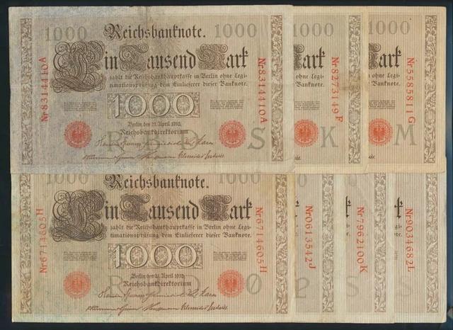 GERMANY: EMPIRE 1910 (1916) 1000 Mark "SET OF 7 SUFFIXES". Pick 44b F ...