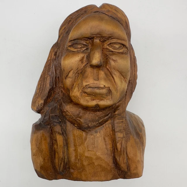 HAND CARVED WOOD Native American Indian Head Sculpture Dated 1991 ...