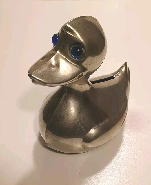 VINTAGE GENUINE SILVER Plated Brass 5” Duck Coin Bank Blue Glass Eyes £ ...