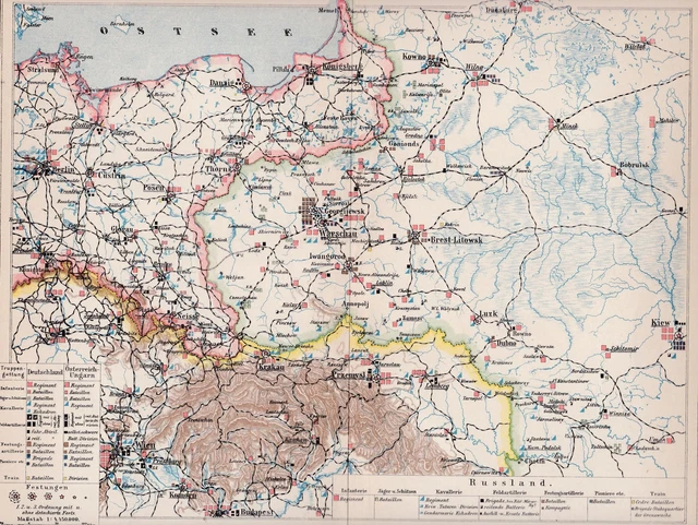 ORIGINAL HISTORISCHE LANDKARTE von 1895. Militärdislokation im ...