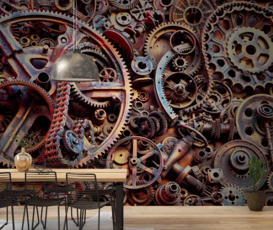 3D MECHANICAL GEAR Iron Texture Self-adhesive Removeable Wallpaper Wall ...
