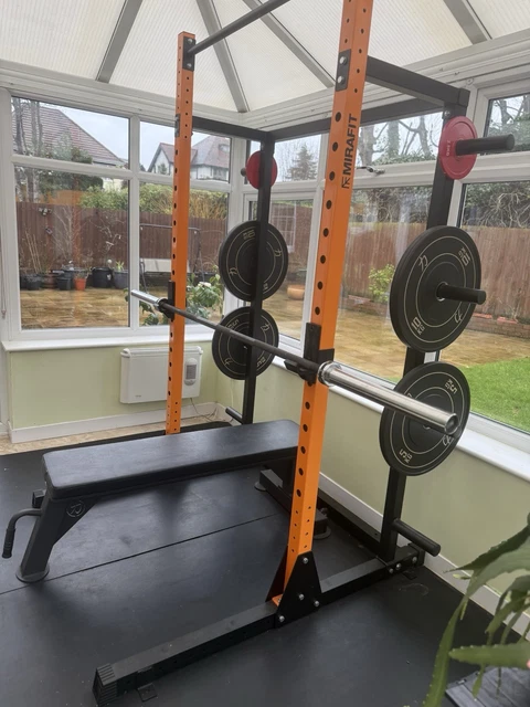 MIRAFIT M210 HALF Power Rack Home gym set up Barbells Plates and extras ...