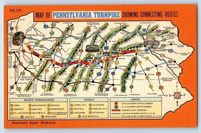 PENNSYLVANIA POSTCARD MAP Turnpike Showing Connecting Routes Map c1940 ...