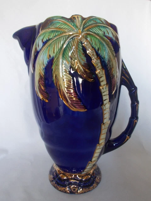 LARGE BESWICK 11& Palm Tree Jug Blue Cobalt & Gold 1067 1950S 1960S Vtg ...