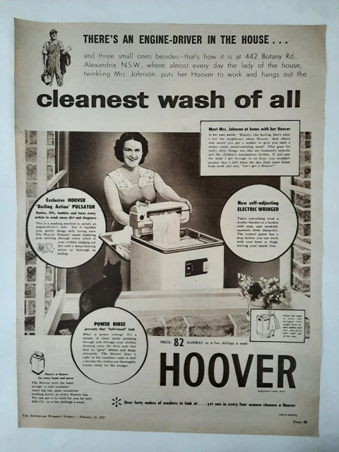 VINTAGE AUSTRALIAN ADVERTISING 1957 ad HOOVER WASHING MACHINE laundry ...