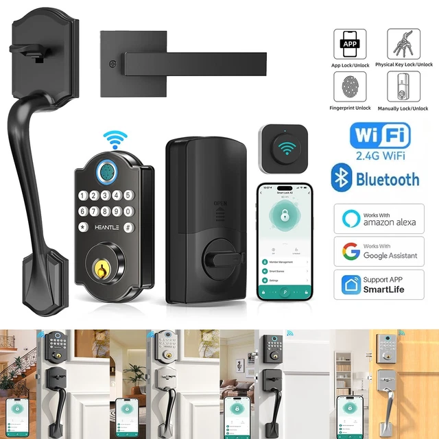 HEANTLE FRONT DOOR Lock Handle Set WiFi Keyless Entry Fingerprint Smart ...