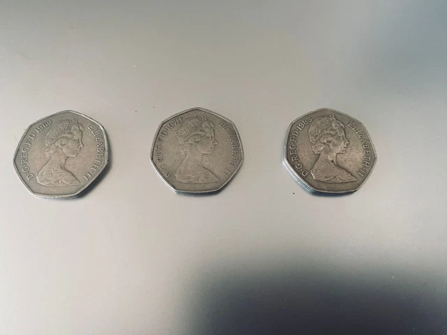 THREE UK 50P Coins, dated 1969, 1970 and 1983. Exceptionally good ...