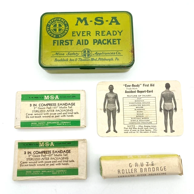 VINTAGE MSA EVER Ready First Aid Packet Mine Safety Kit Metal Tin ...