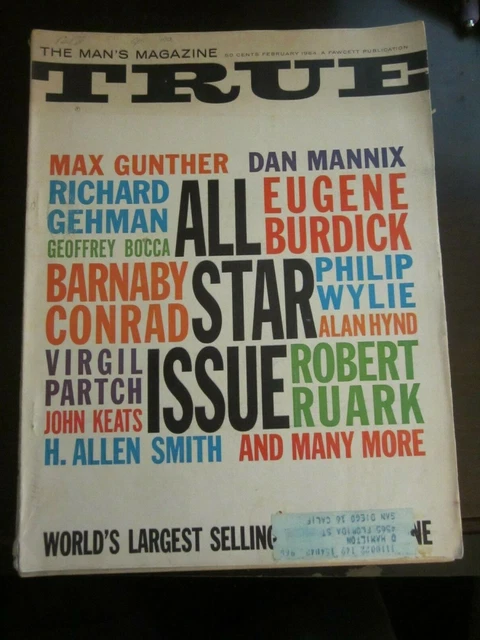 TRUE MAN'S MAGAZINE February 1964 Max Gunther Dan Mannix Eugene Burdick ...