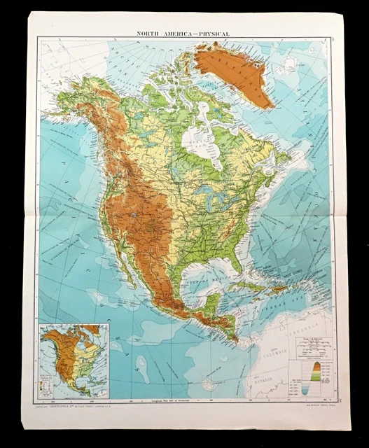 MAP OF NORTH America Canada USA Physical Geography Post WW1 Antique ...