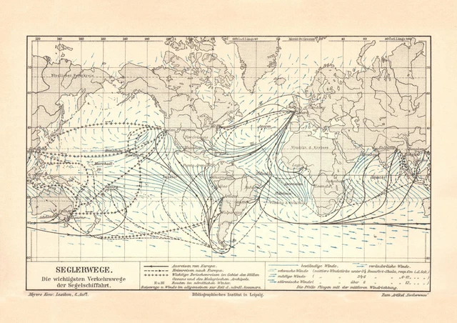 SAILING PATHS HISTORICAL Map Lithography circa 1907 Ancient Map ...