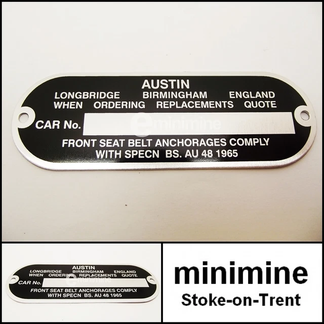 CLASSIC MINI CHASSIS Plate Austin 1959-1972 cooper s deluxe bmc leyland ...